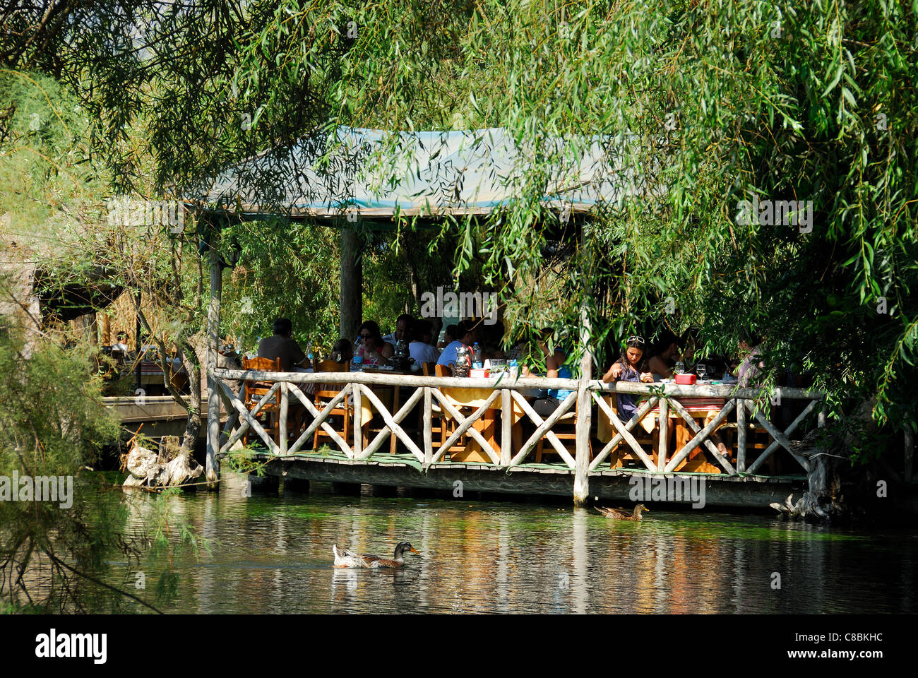 AKYAKA, TURKEY. A riverside restaurant on the banks of the Azmak river ...