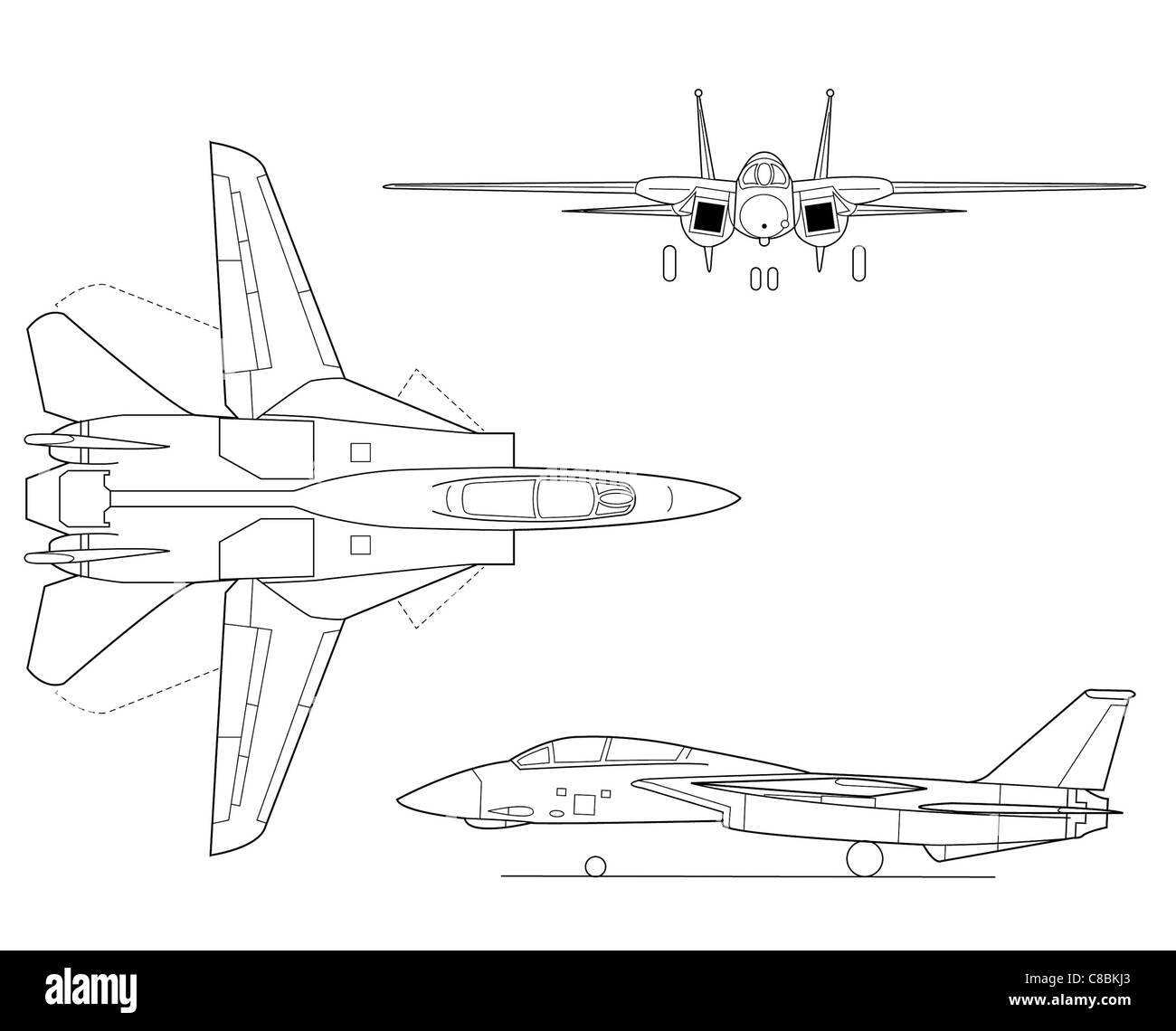 A three-view line art drawing of the Grumman F-14 Tomcat, a twin-engine ...