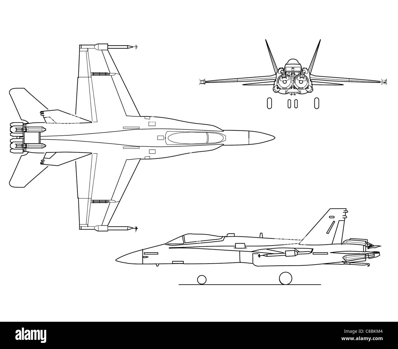 This three-view line art drawing showcases the F-18 High Alpha Research ...