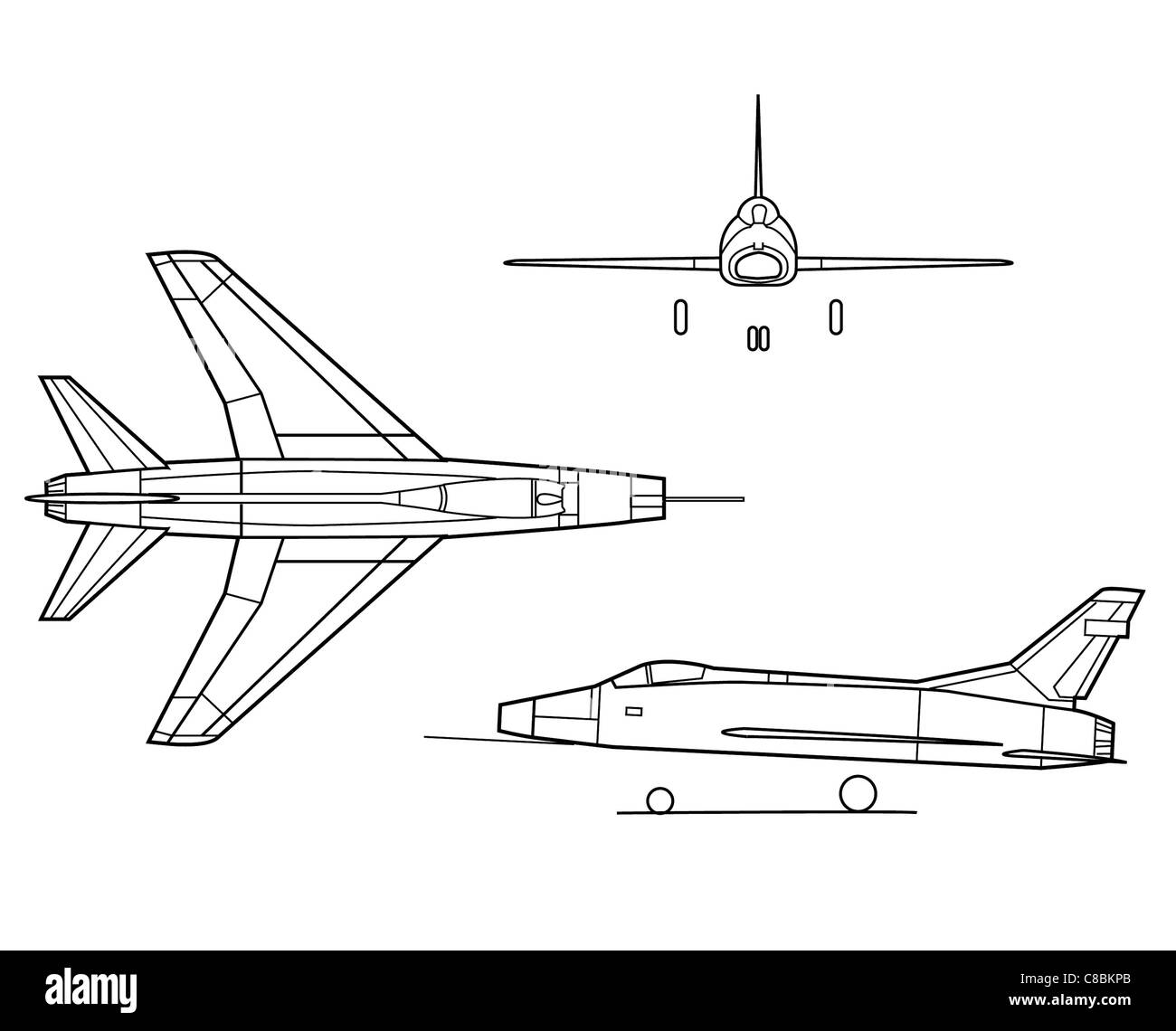 This line art drawing depicts the North American F-100 Super Sabre, a U ...
