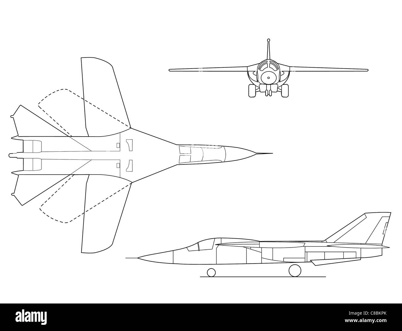 This line art drawing depicts the F-111 AFTI/MAW Aardvark, a variant of ...