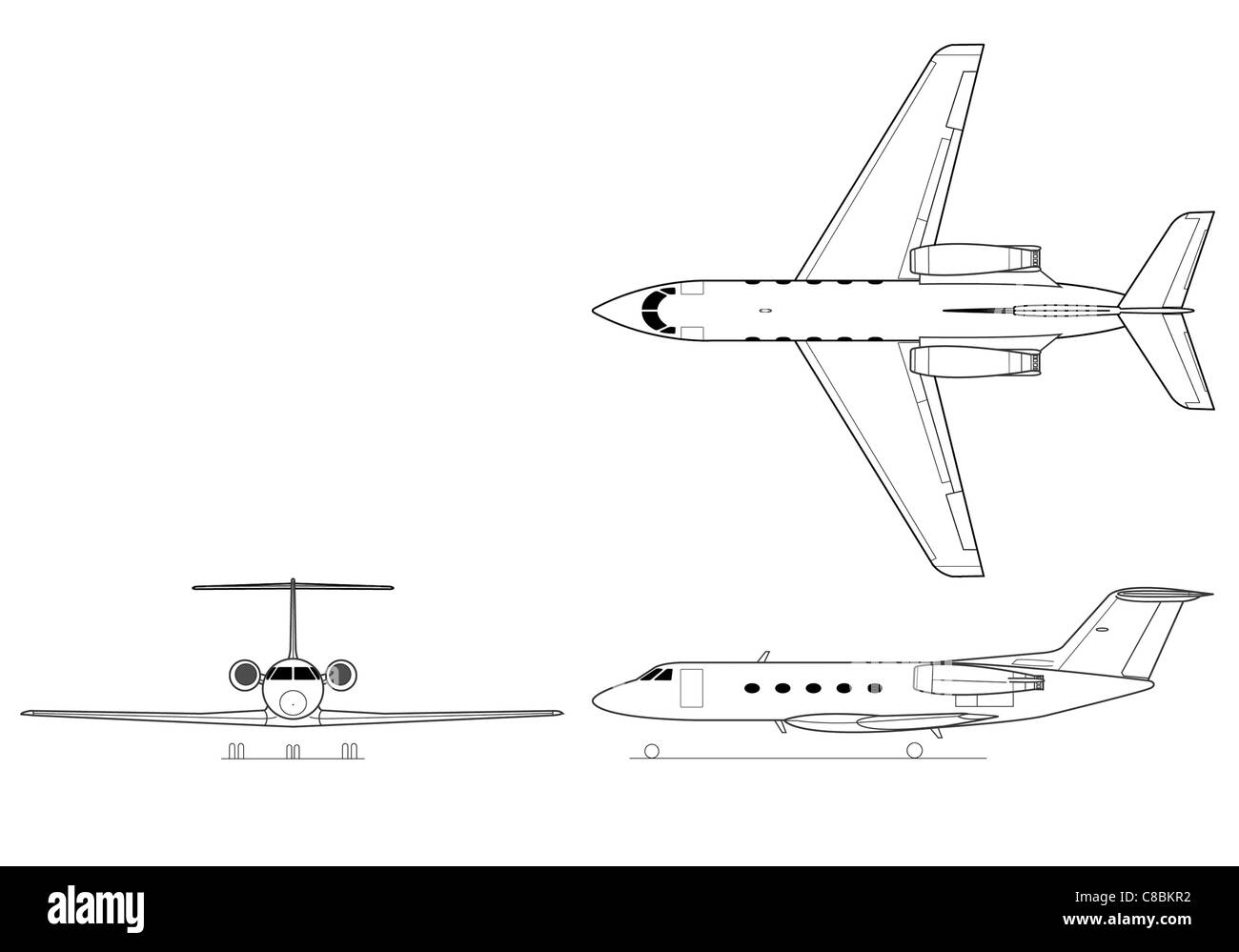 The Gulfstream II, as depicted in this line art drawing, is a mid-size ...