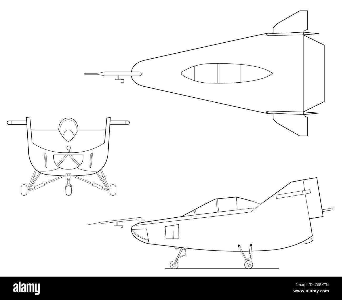 A technical three-view line art drawing of the M2-F1, a NASA lifting ...