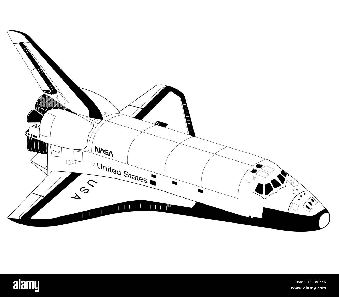This line art drawing showcases the STS-Space Shuttle from three ...
