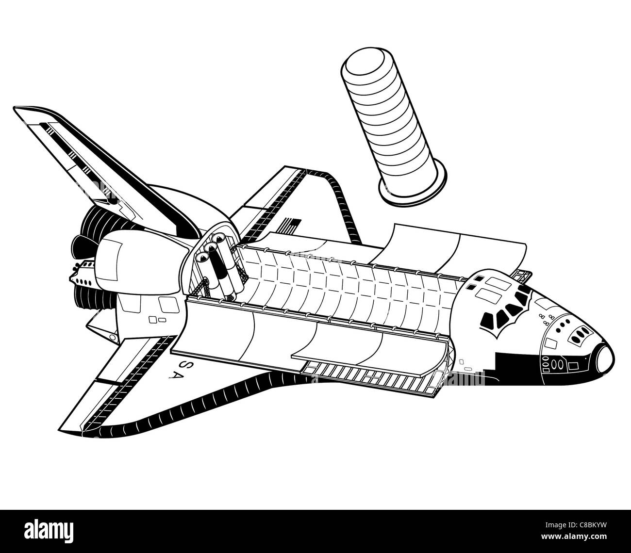 This is a detailed line art drawing depicting the Space Shuttle STS ...