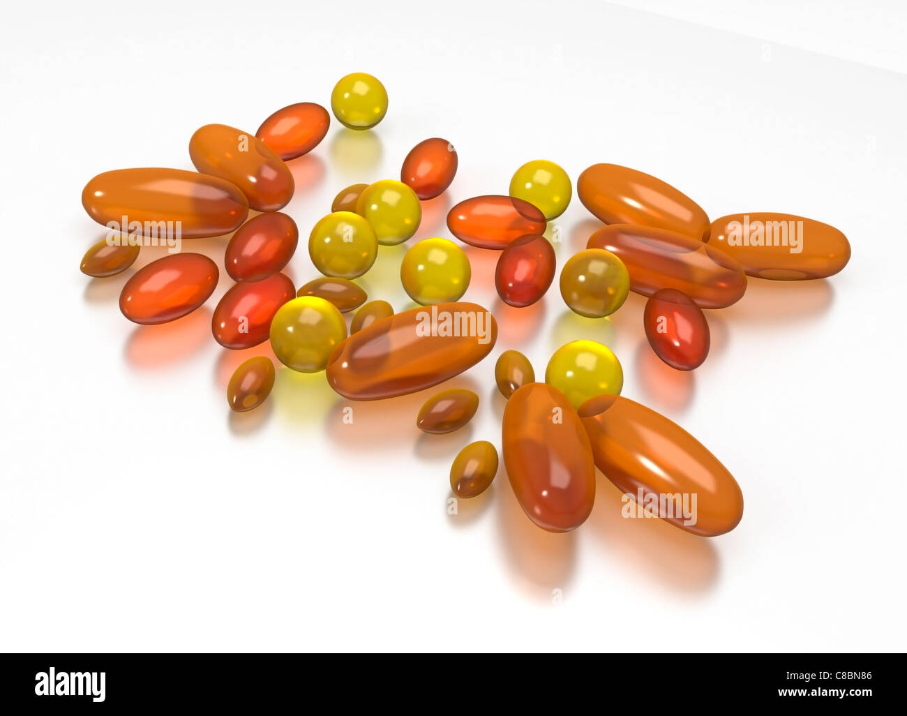 Four types of gel capsules in medium shot composition on white ...