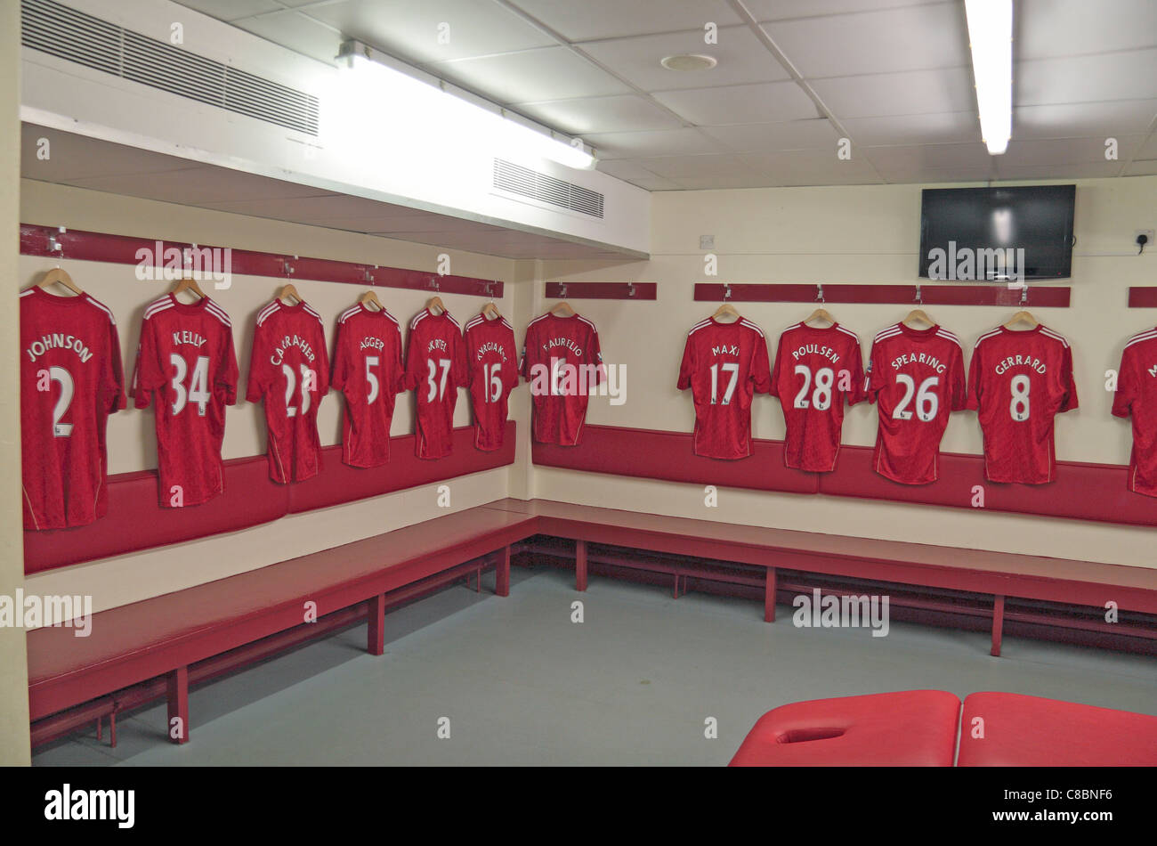 General view of team shirts hanging in the home changing room at ...