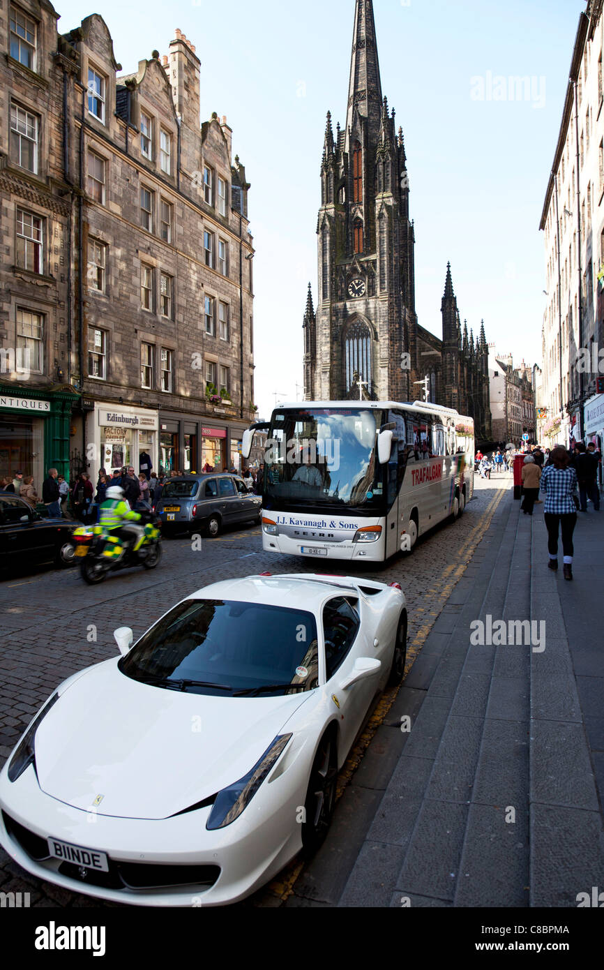 Edinburgh, Scotland, white Ferrari illegally parked on The Royal Mile ...