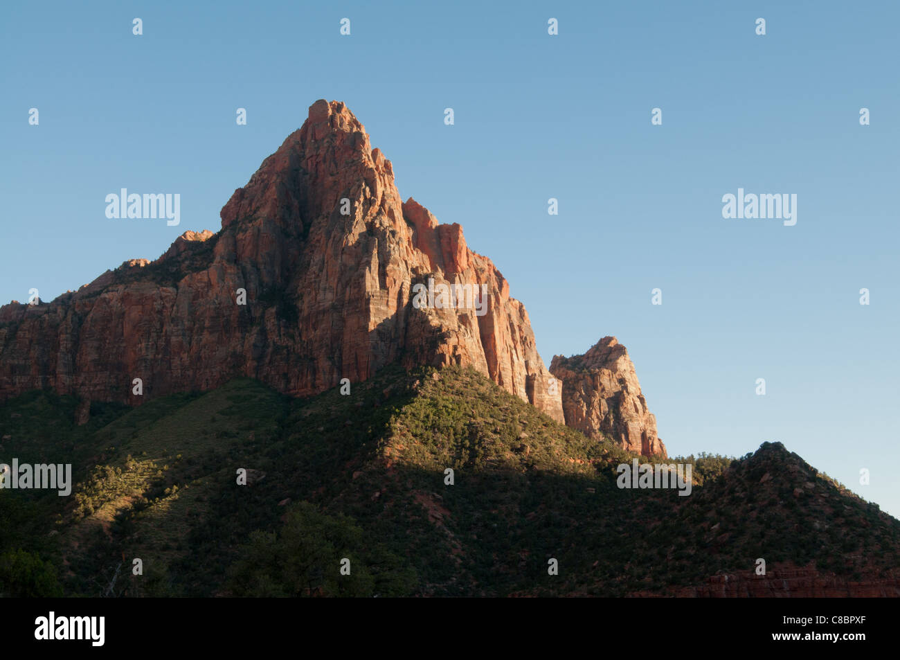 The Watchman stands tall over Zion Canyon in Zion National Park. The ...