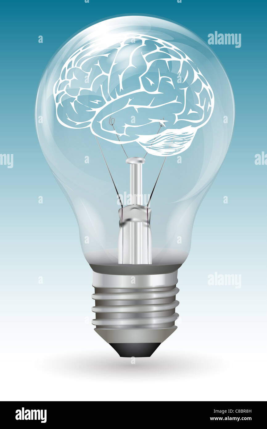 illustration of brain in electric bulb on white background Stock Photo ...