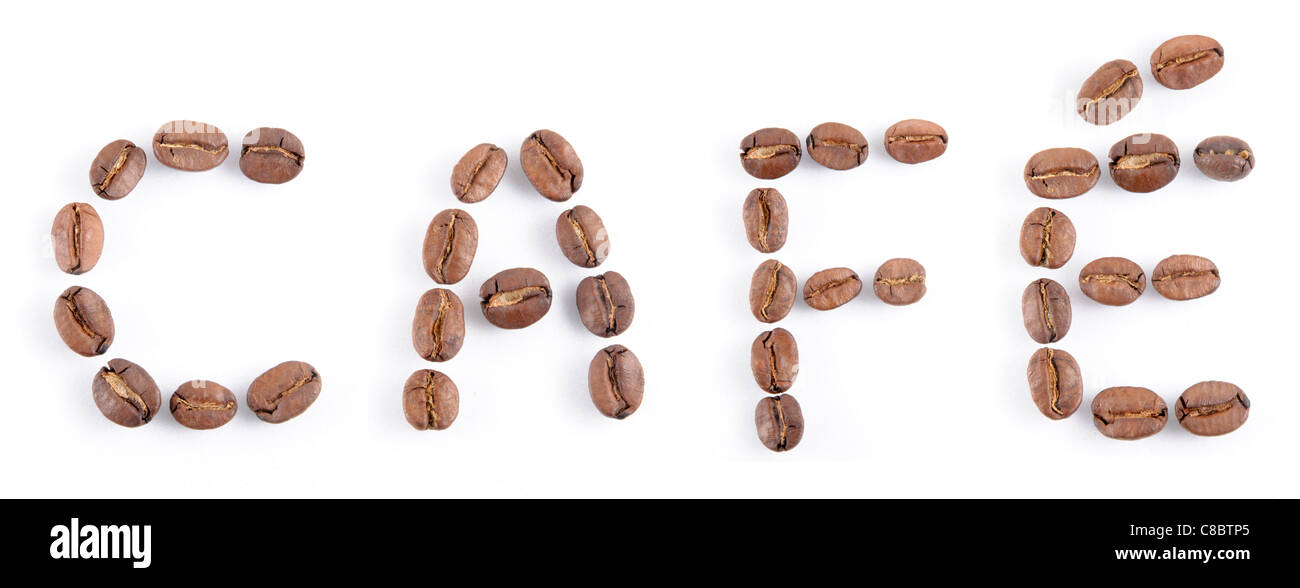 The word 'cafe' spelt out in coffee beans. Isolated against neutral ...