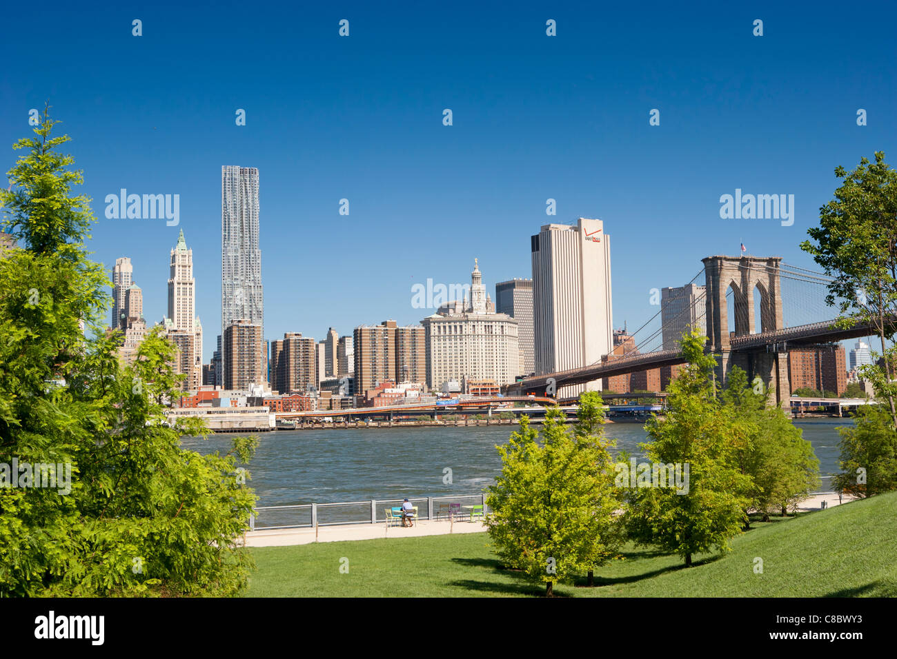 Lower Manhattan Skyline and Brooklyn Bridge from Brooklyn Bridge Park ...