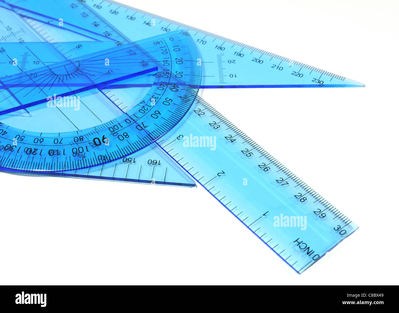 Engineering tools - Set of ruler, triangle and protractor on white ...