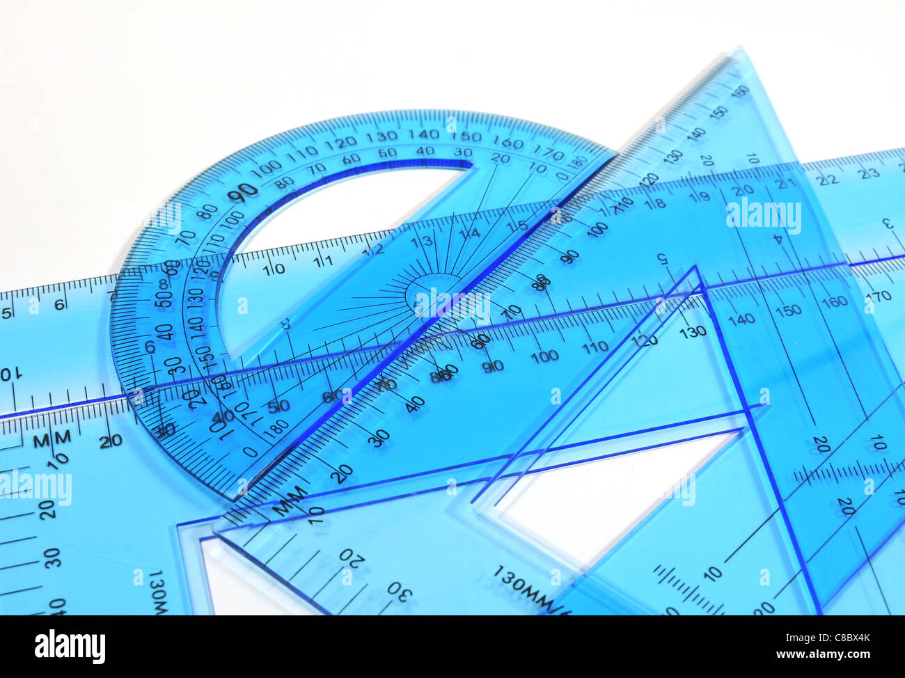 Engineering tools - Set of ruler, triangle and protractor on white ...