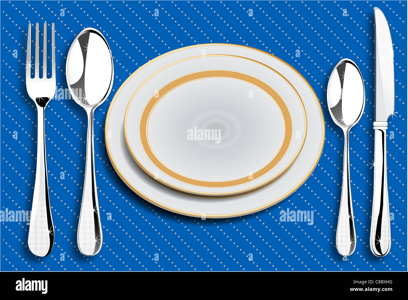 illustration of dining table arrangement with spoons, forks and plates ...