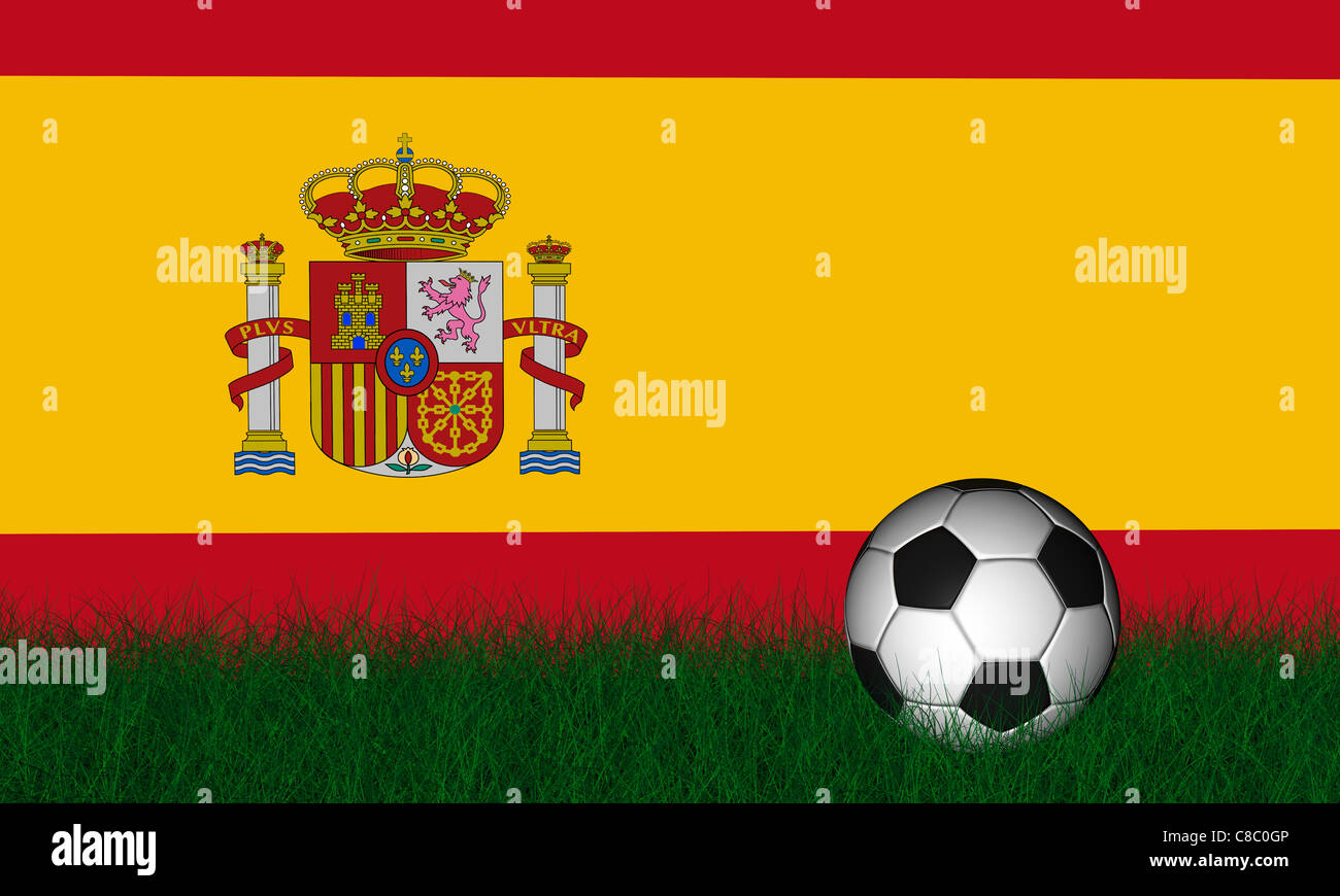 Soccer ball render over green grass and flag of spain Stock Photo - Alamy