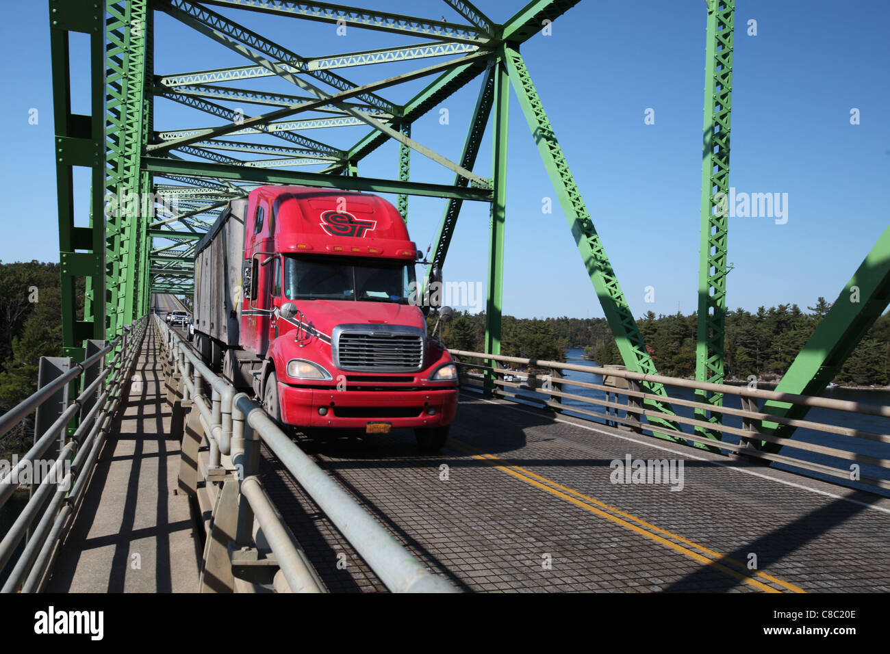 Truck crossing bridge from Canada to USA in One Thousand Islands in New ...