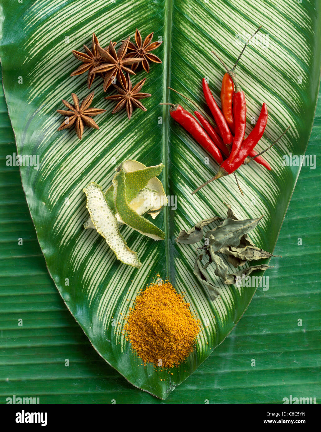 selection of spices on palm leaf Stock Photo - Alamy