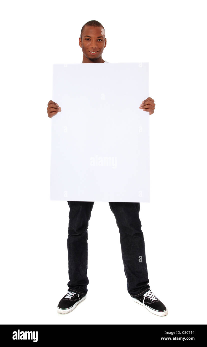 Attractive black holding blank white sign. All on white background ...