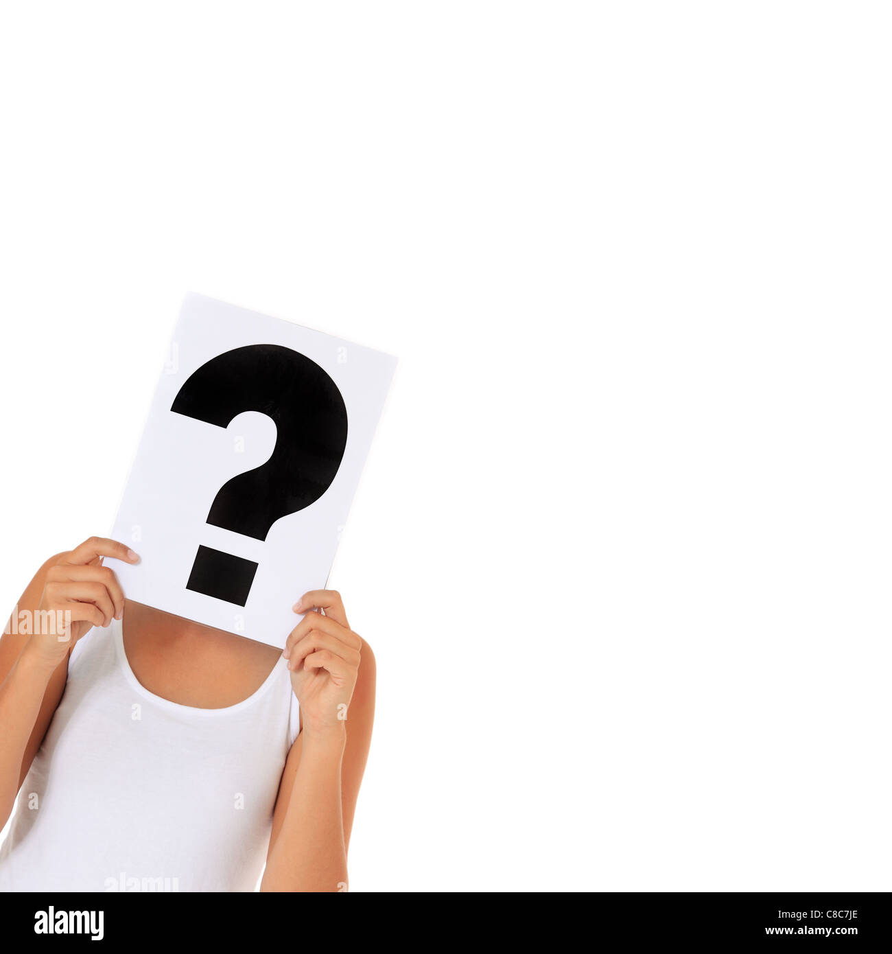 Young woman holding question mark in front of her head. All on white ...