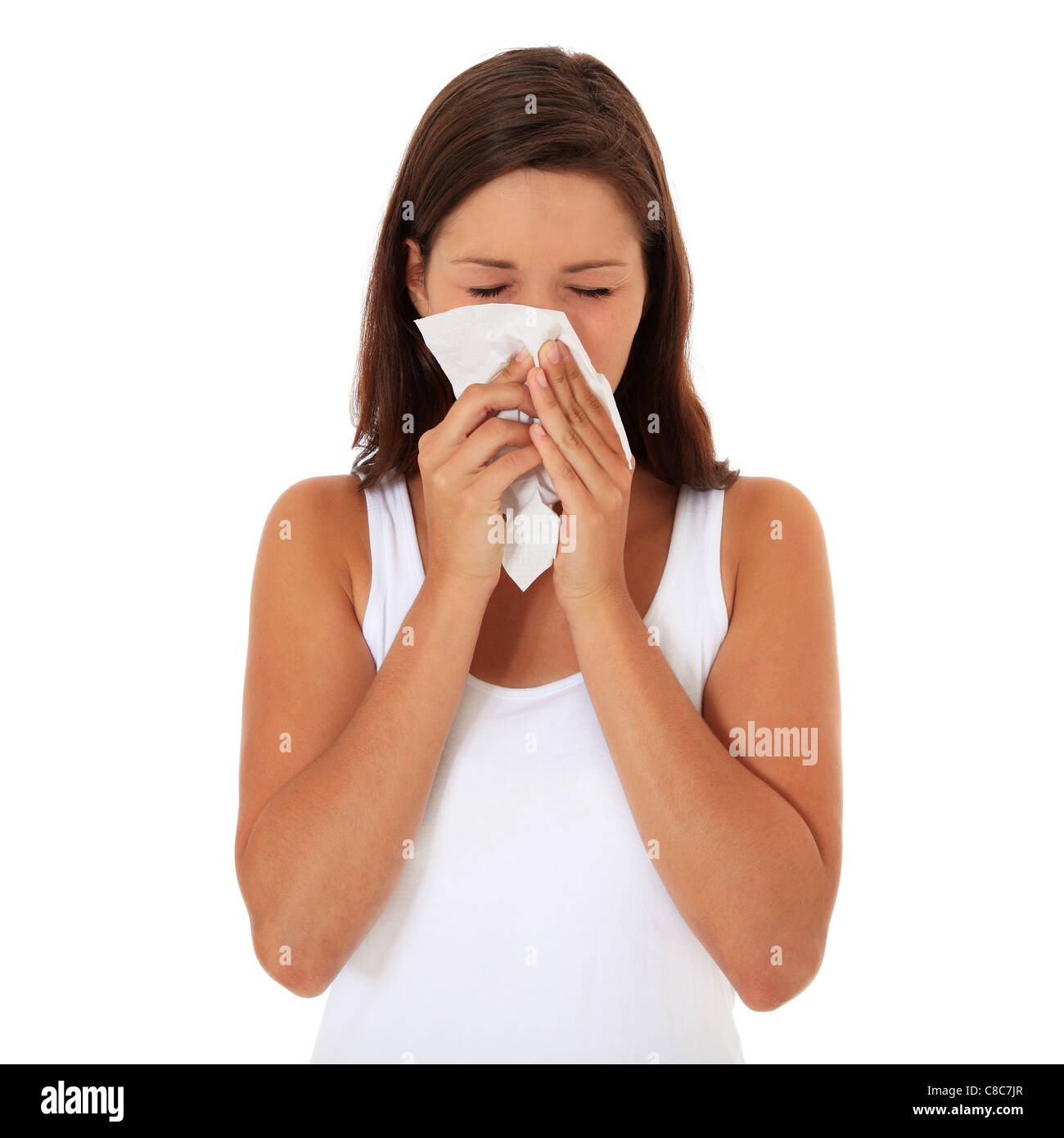 Attractive young woman using tissue. All on white background Stock ...