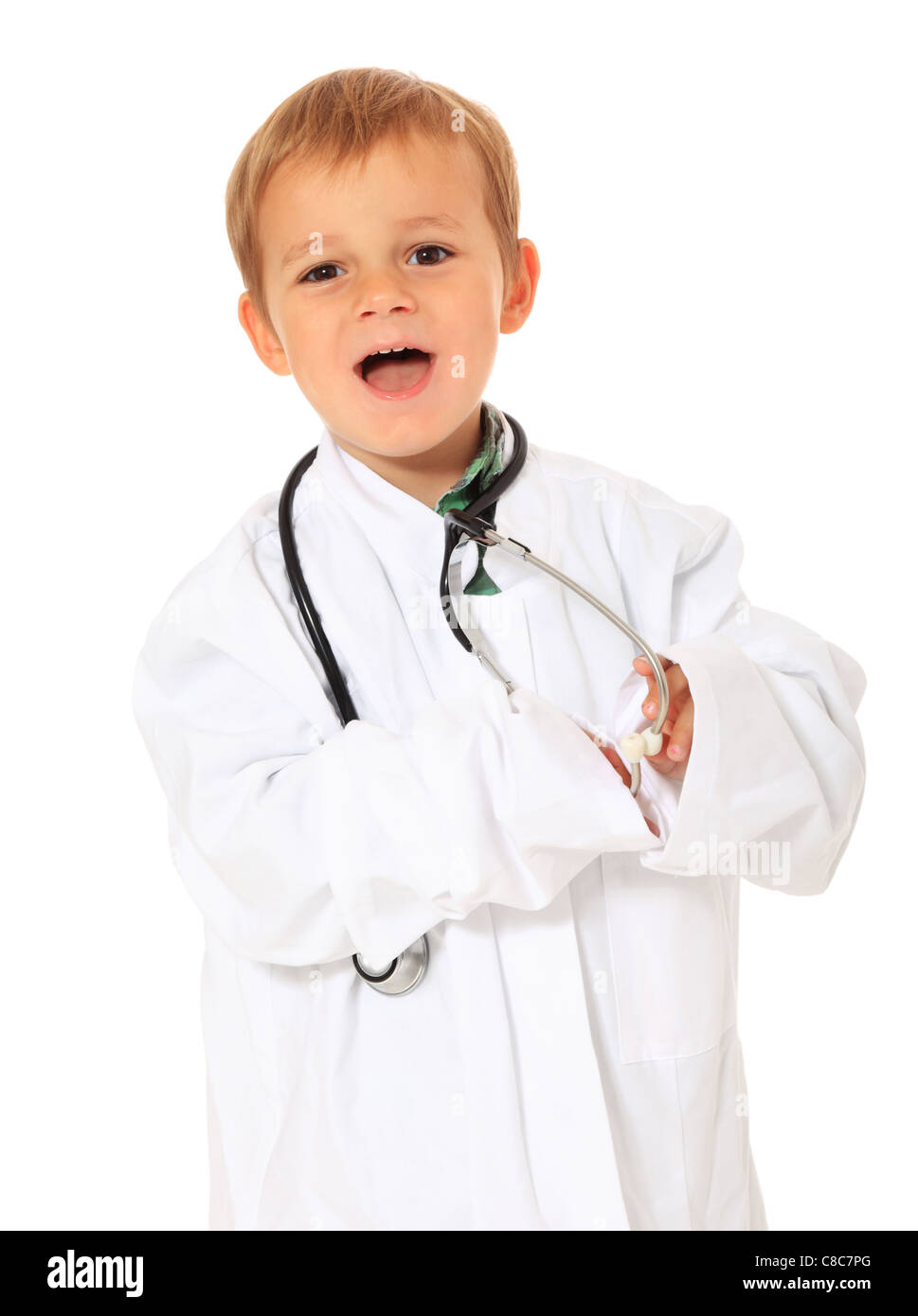 Cute caucasian boy playing doctor. All on white background Stock Photo ...