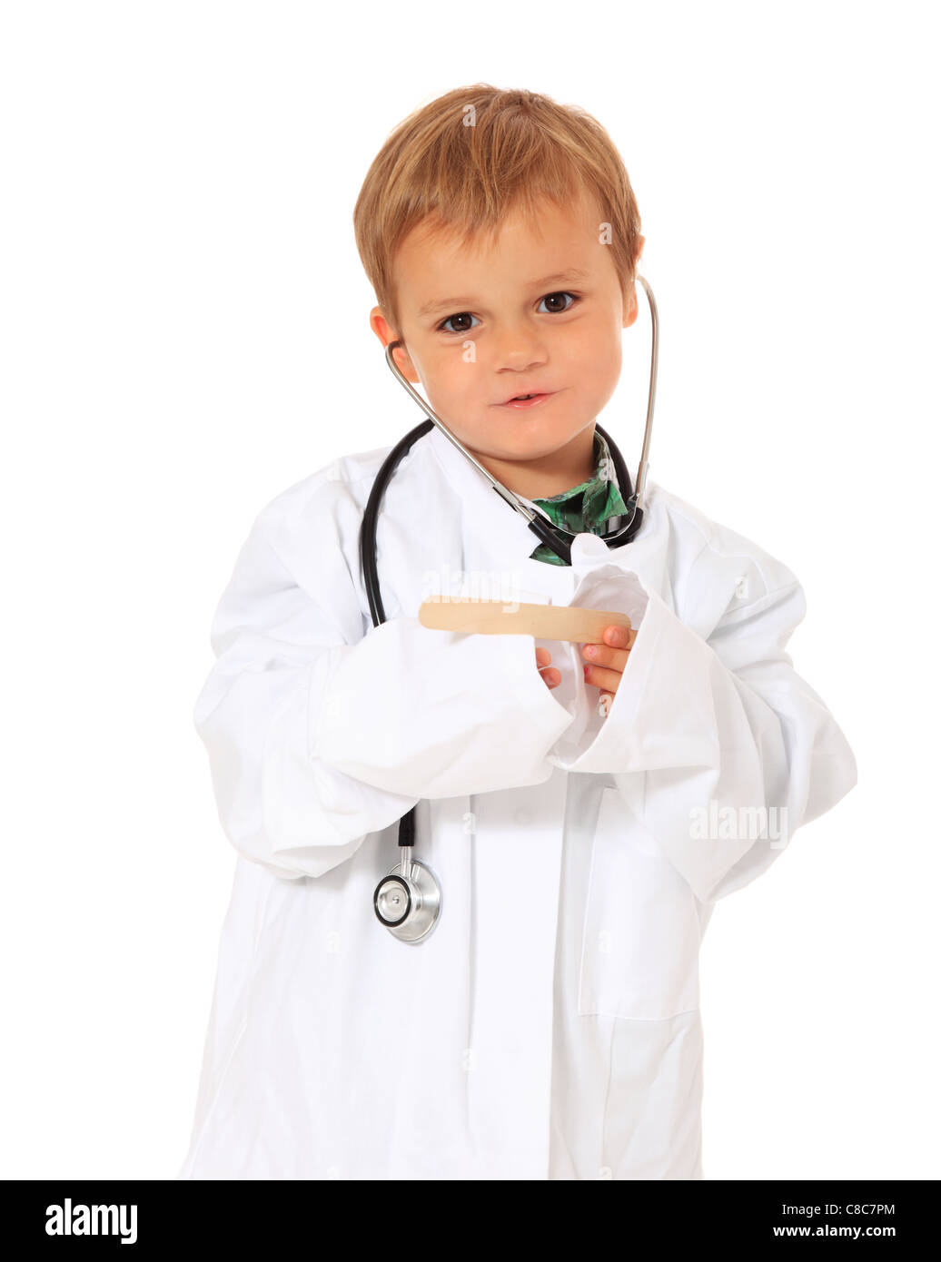 Cute caucasian boy playing doctor. All on white background Stock Photo ...