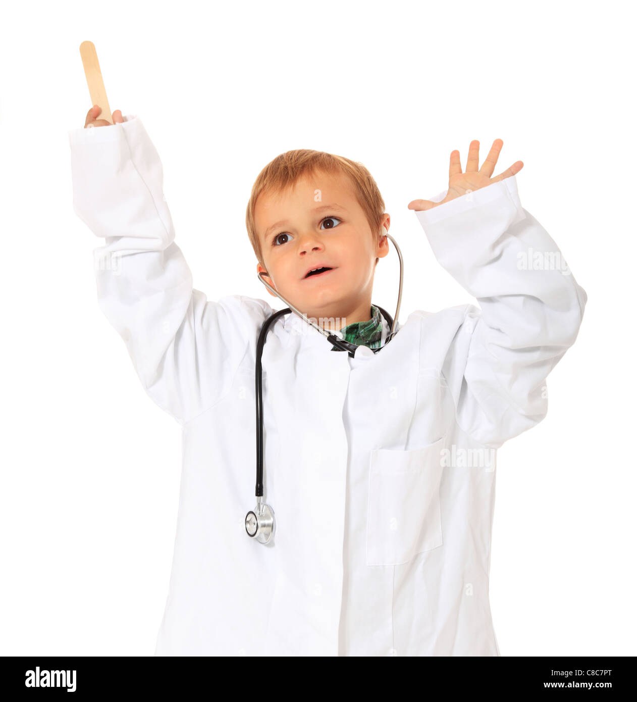 Cute caucasian boy playing doctor. All on white background Stock Photo ...