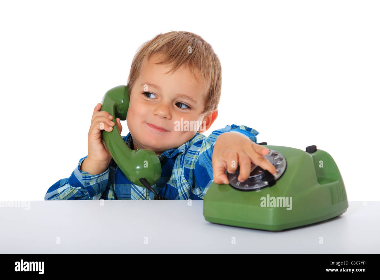 Cute caucasian boy using telephone. All on white background Stock Photo ...