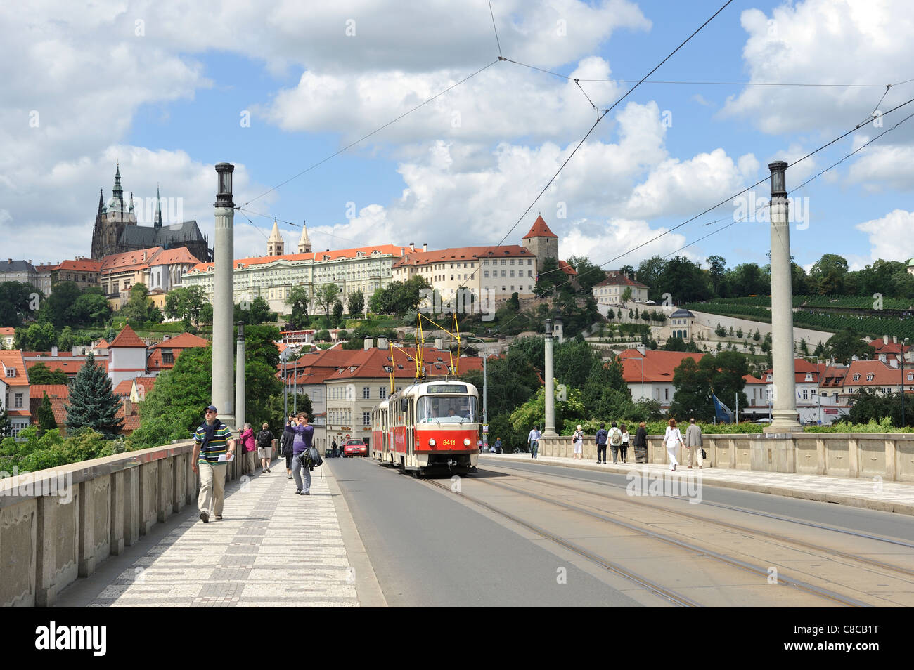 Manesuv Bridge and tram over the River Vltava Prague Czech Republic ...