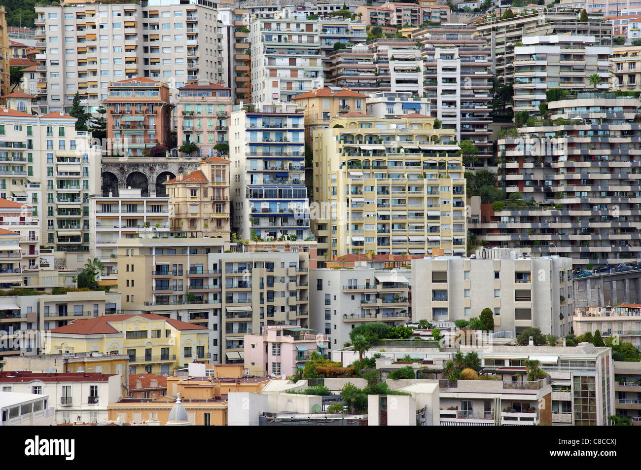 Unusual view of Monaco towers hi-rise highrise buildings harbour Stock ...