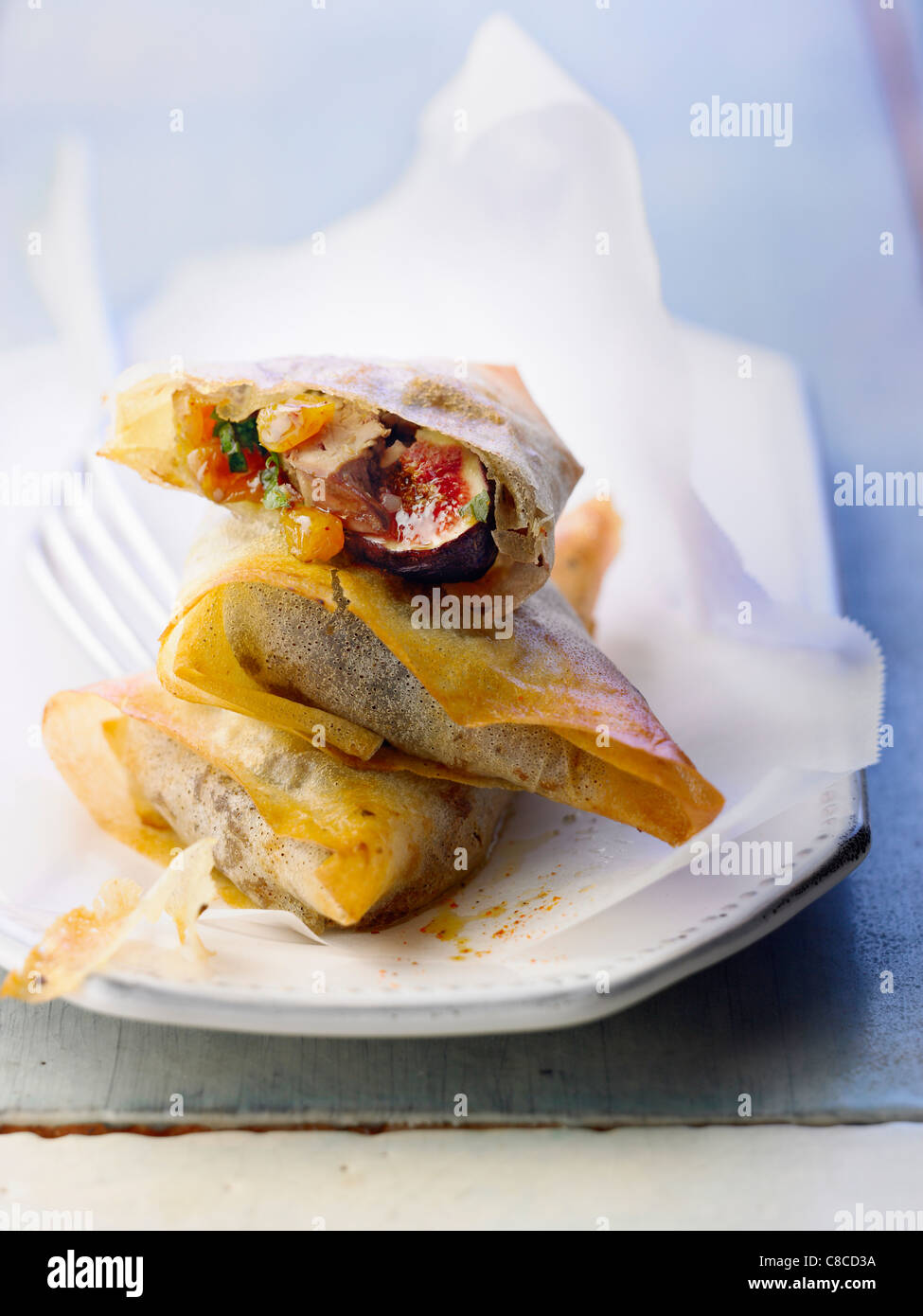 Filo-pastry filled with chicken livers,raisins and figs Stock Photo - Alamy