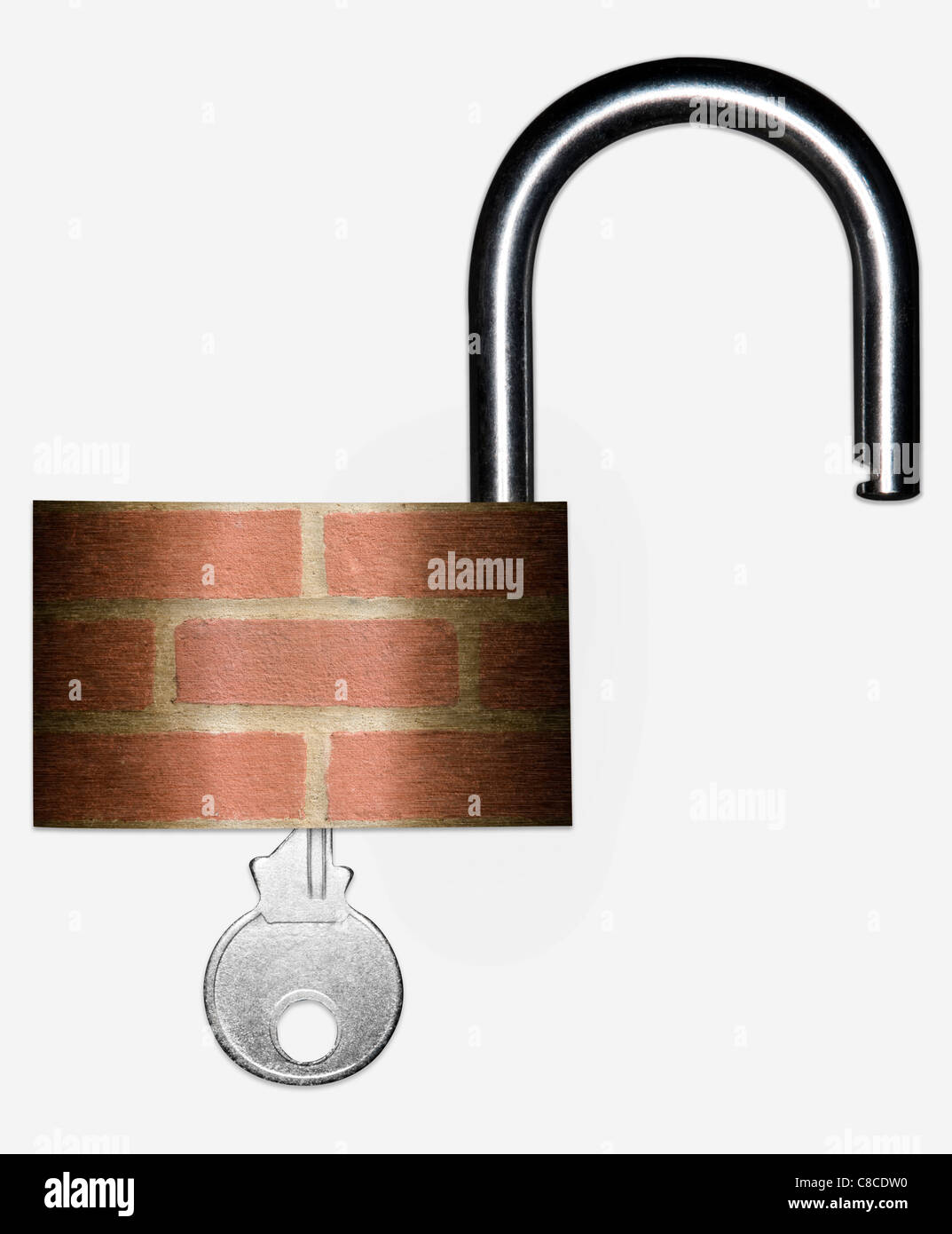 Home Security Issues concept. Unlocked padlock with a brick wall ...