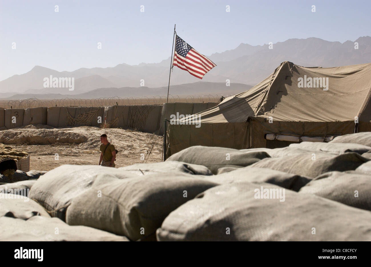 A U.S. soldier walks through the PRT post at Gardez, Paktia province ...
