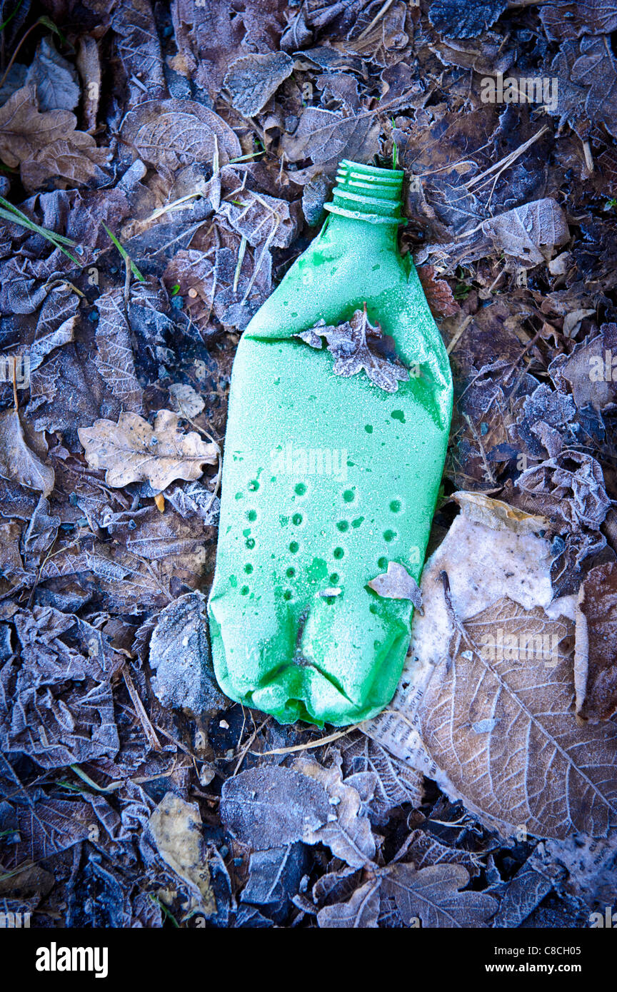 A squashed soft-drinks bottle among frosty leaves Stock Photo - Alamy