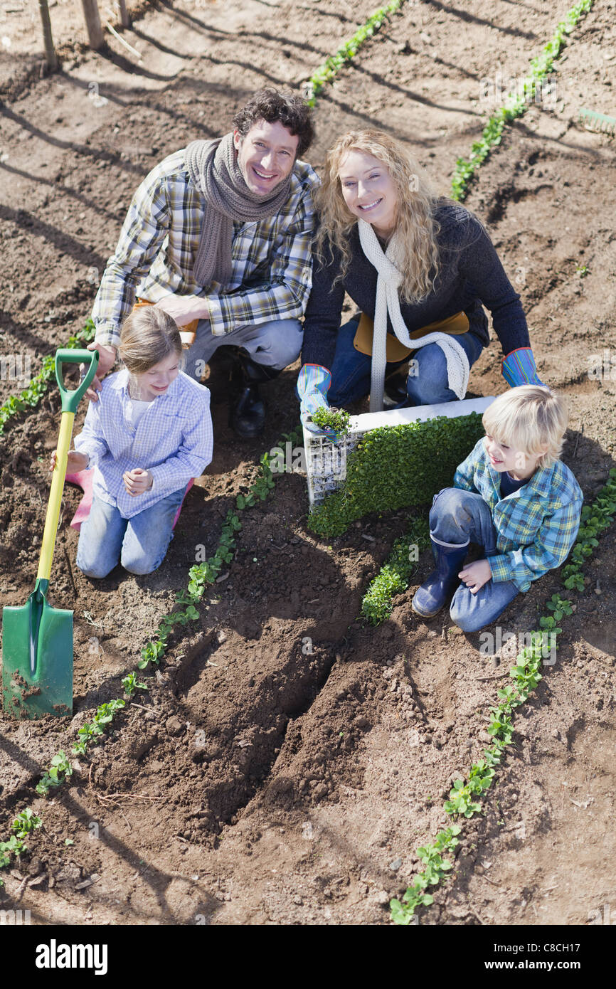 Family planting in garden together Stock Photo - Alamy