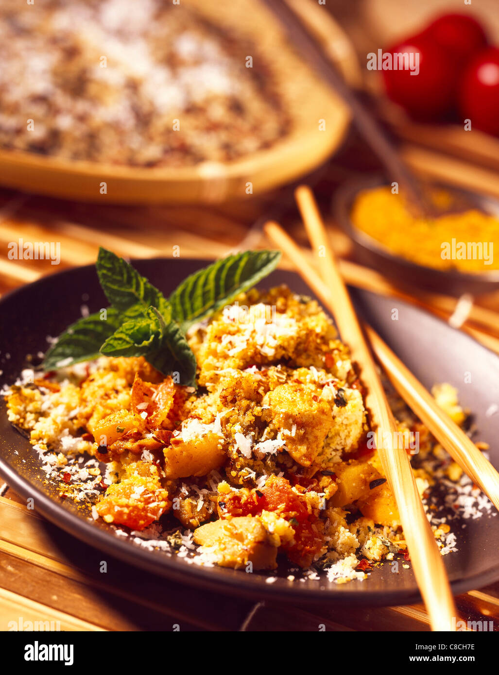 Chicken crumble in pan Stock Photo - Alamy