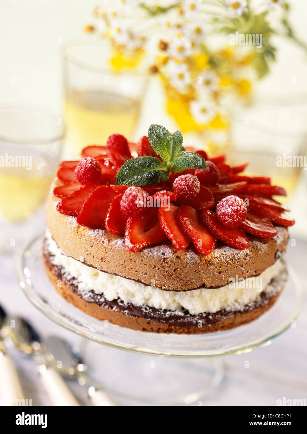 Chocolate sponge cake with summer fruit and filled with cream Stock ...