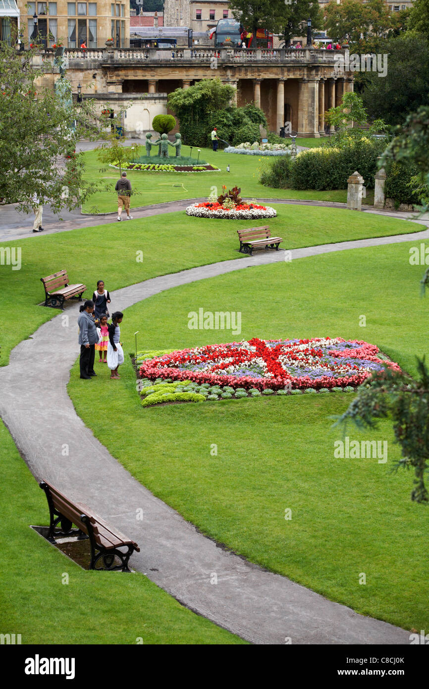 Visitors admiring the flower beds in Parade Gardens at Bath, Somerset ...