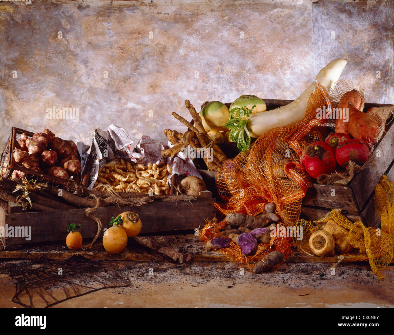 Still life of old-fashioned root vegetables Stock Photo - Alamy