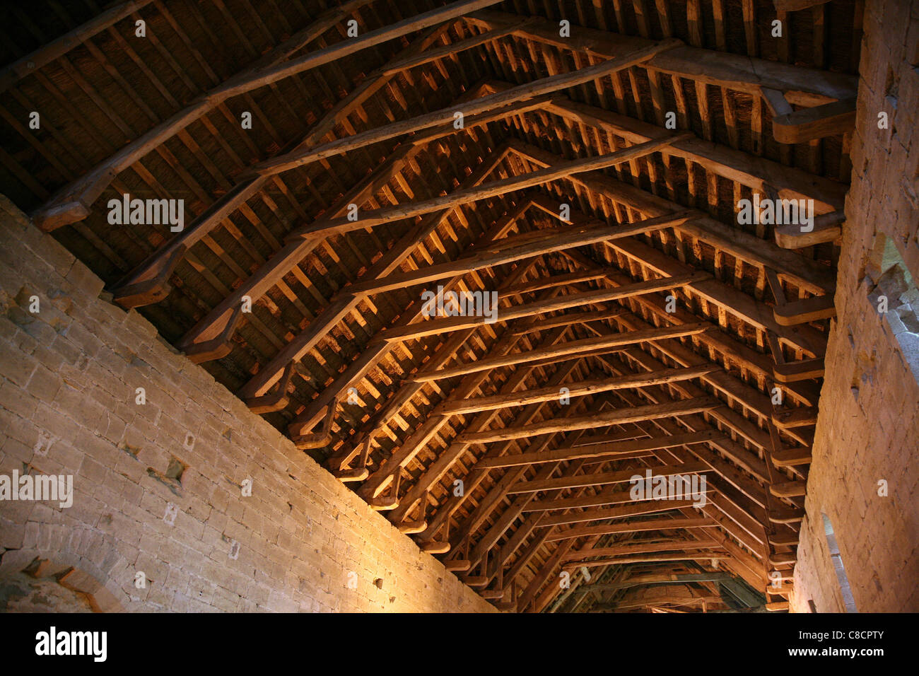 Roof detail of the ancient tithe barn in the picturesque South Dorset ...