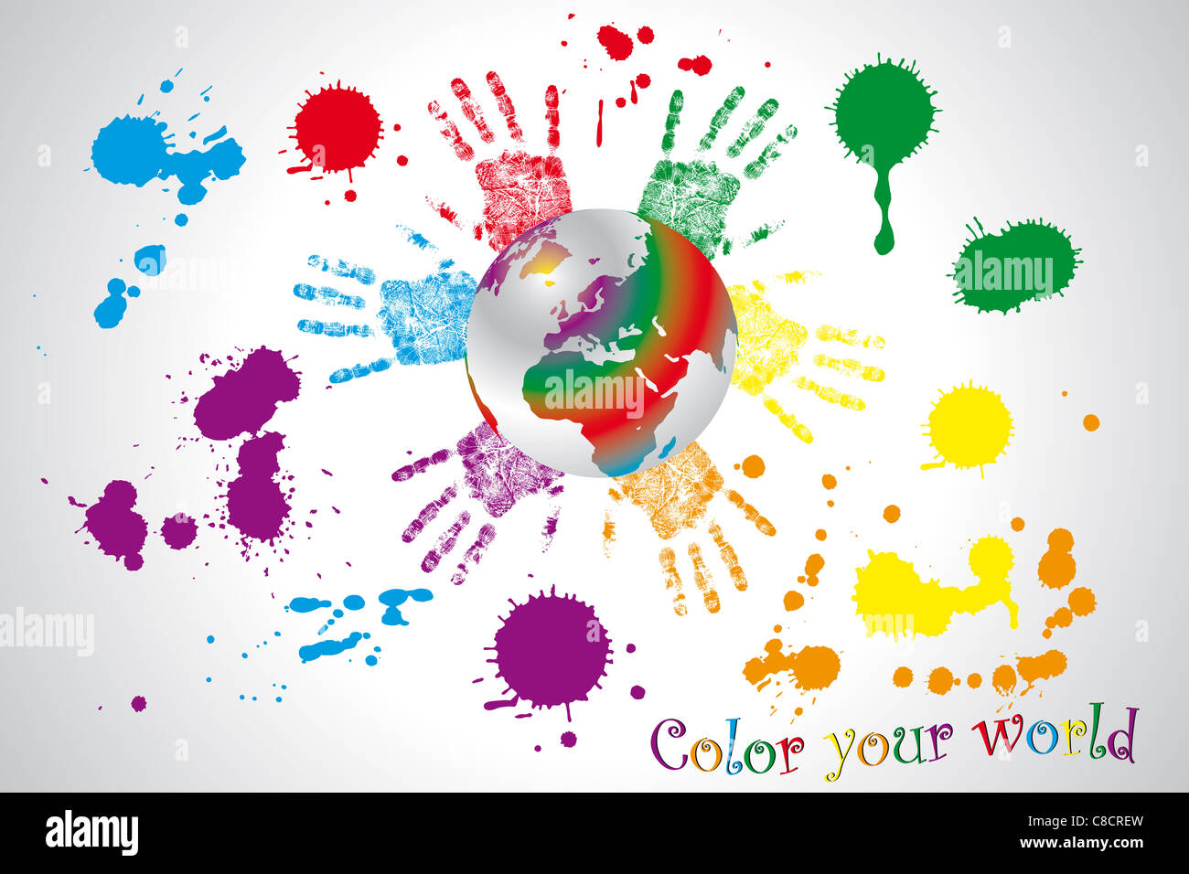 Color your world - globe framed by child's hand in different colors ...