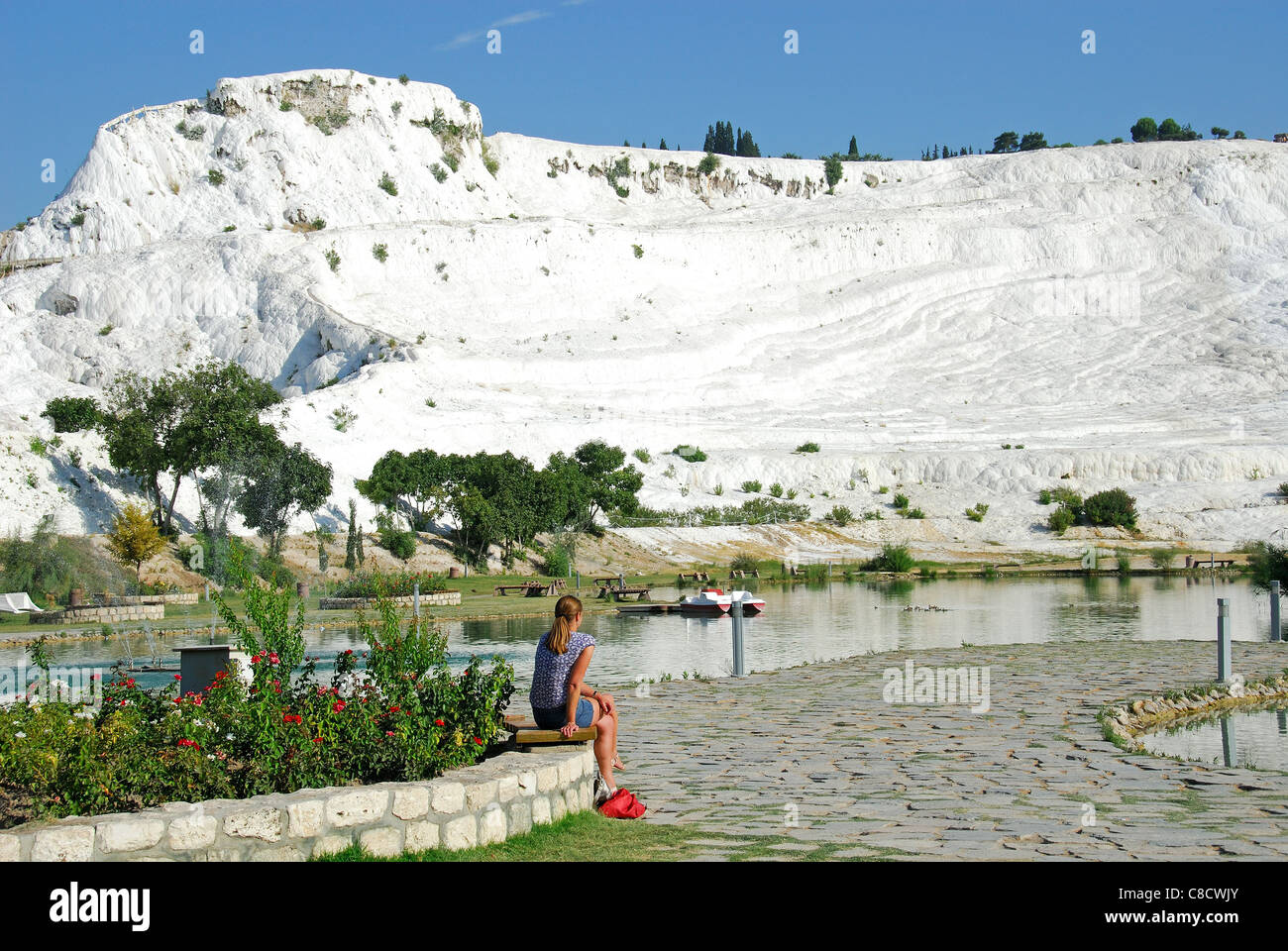 PAMUKKALE, TURKEY. A view of the white calcite-covered hills of the ...
