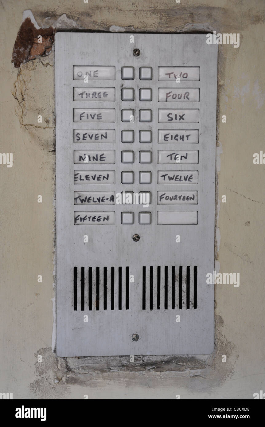 Entry buzzer system in rundown multi occupancy property Stock Photo - Alamy