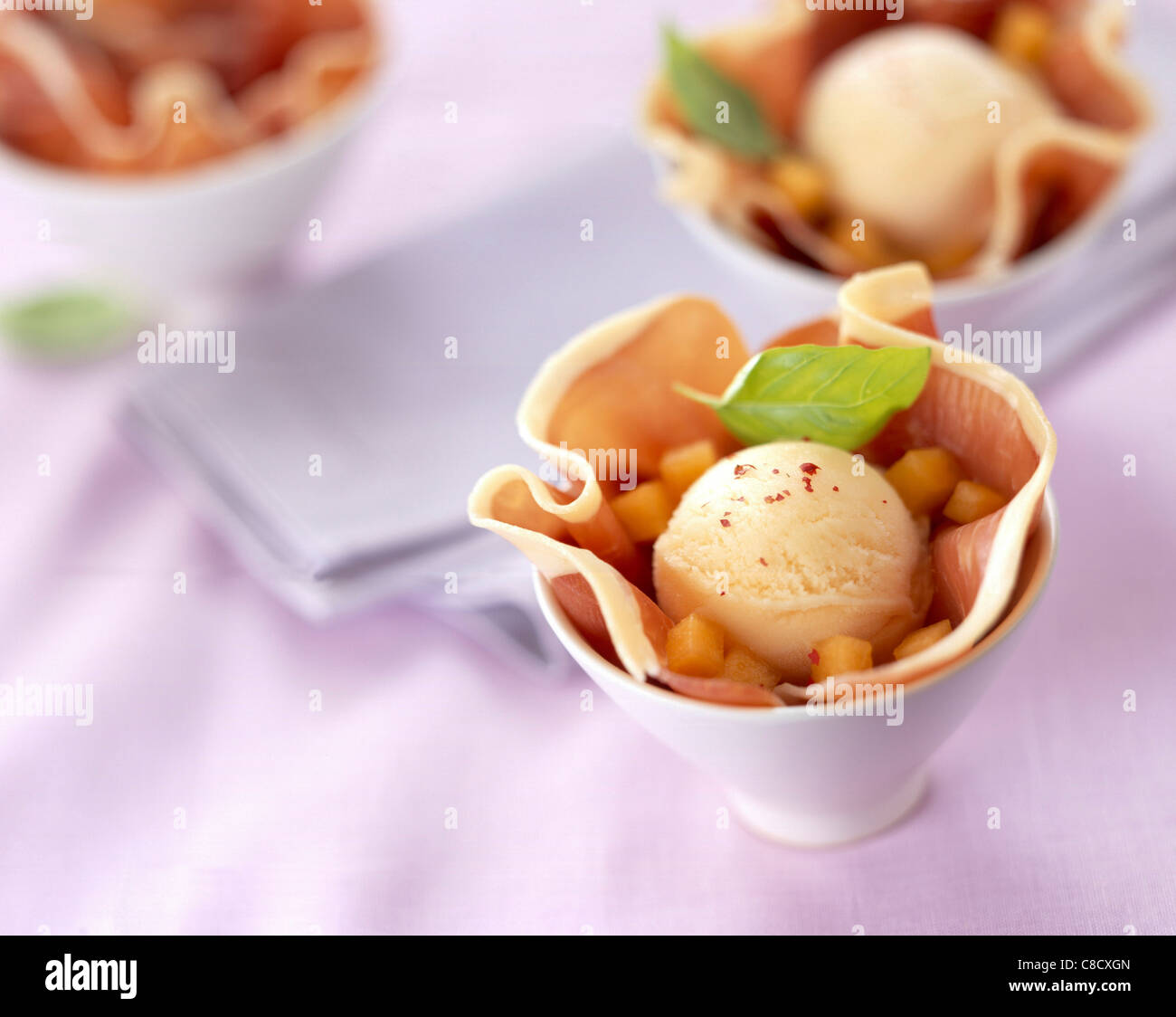 melon ice cream with parma ham Stock Photo - Alamy