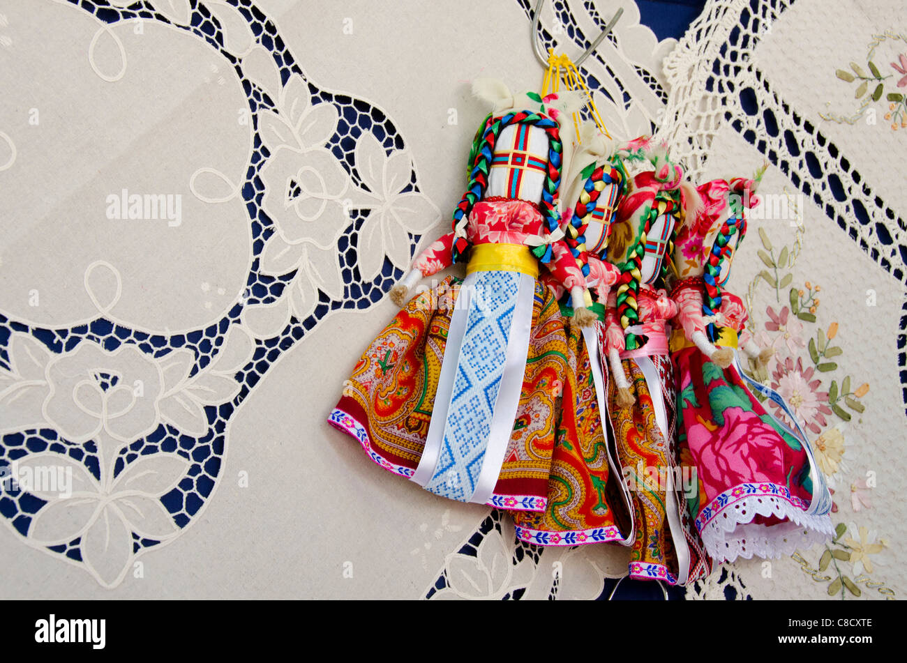 Ukraine, Odessa. Typical Ukrainian textile souvenir handicrafts, lace ...