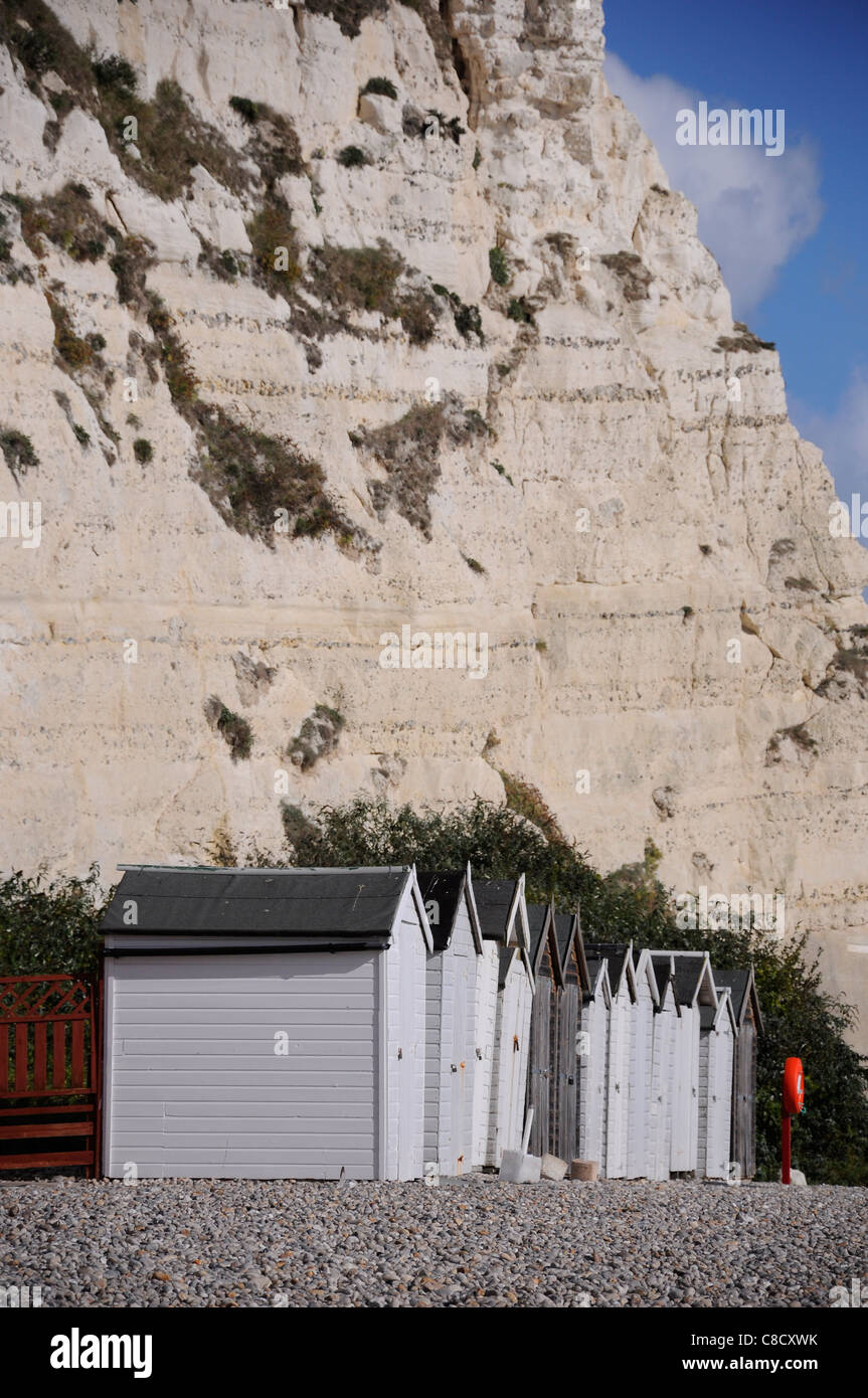Beach huts and white cliffs at Beer Devon UK Stock Photo - Alamy