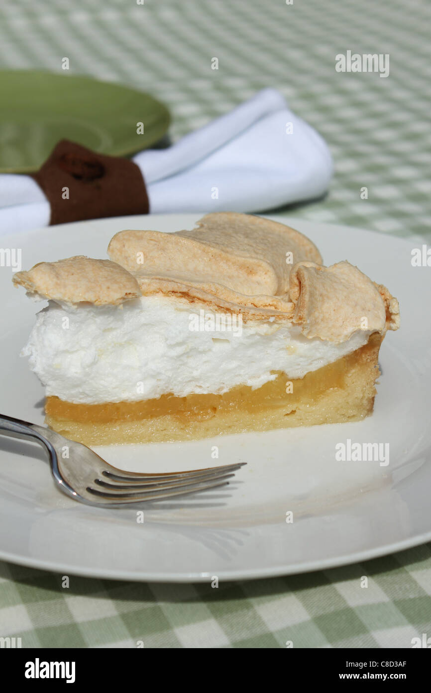 Traditional British pudding on a white plate with a gingham table cloth ...