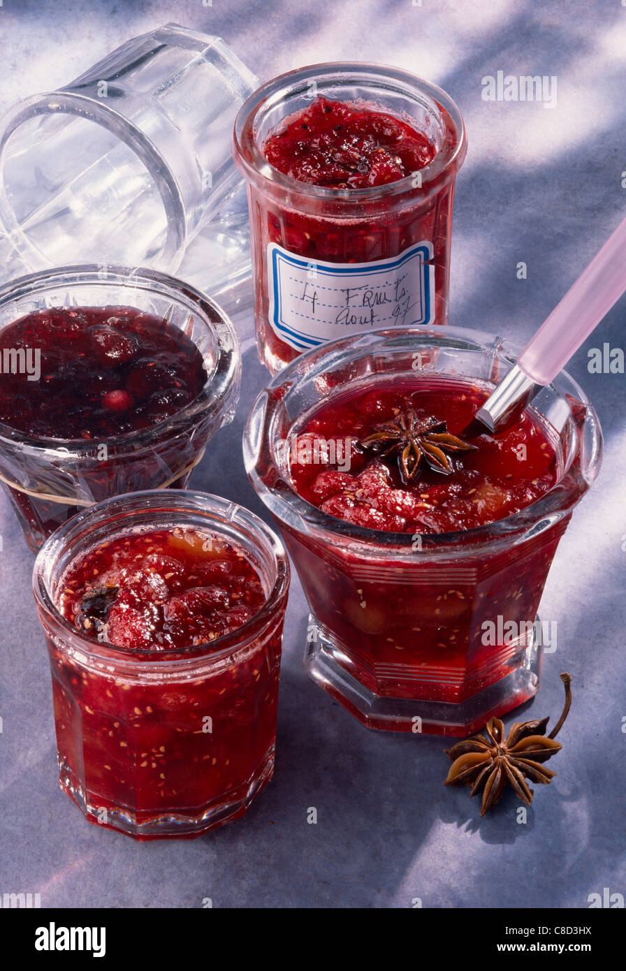 Jars of four fruit jam Stock Photo - Alamy
