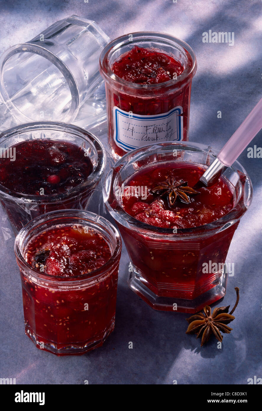 Jars of summer fruit jam Stock Photo - Alamy